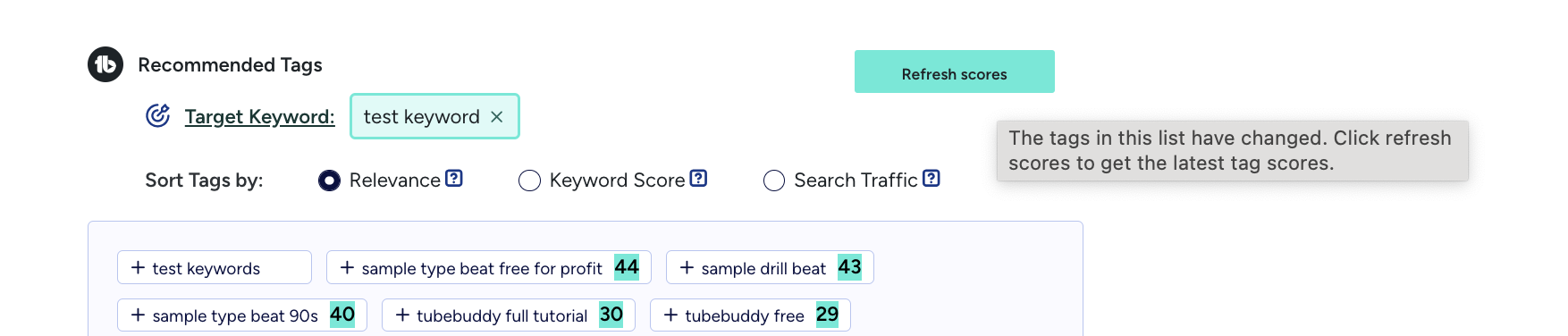 Recommended Tags - Sorting by Keyword Score – TubeBuddy