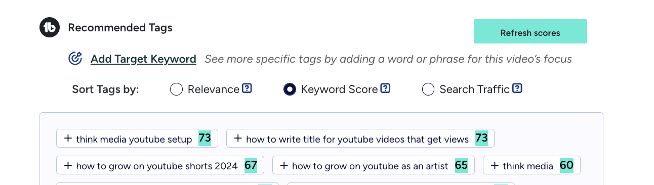 Recommended Tags - Sorting by Keyword Score – TubeBuddy