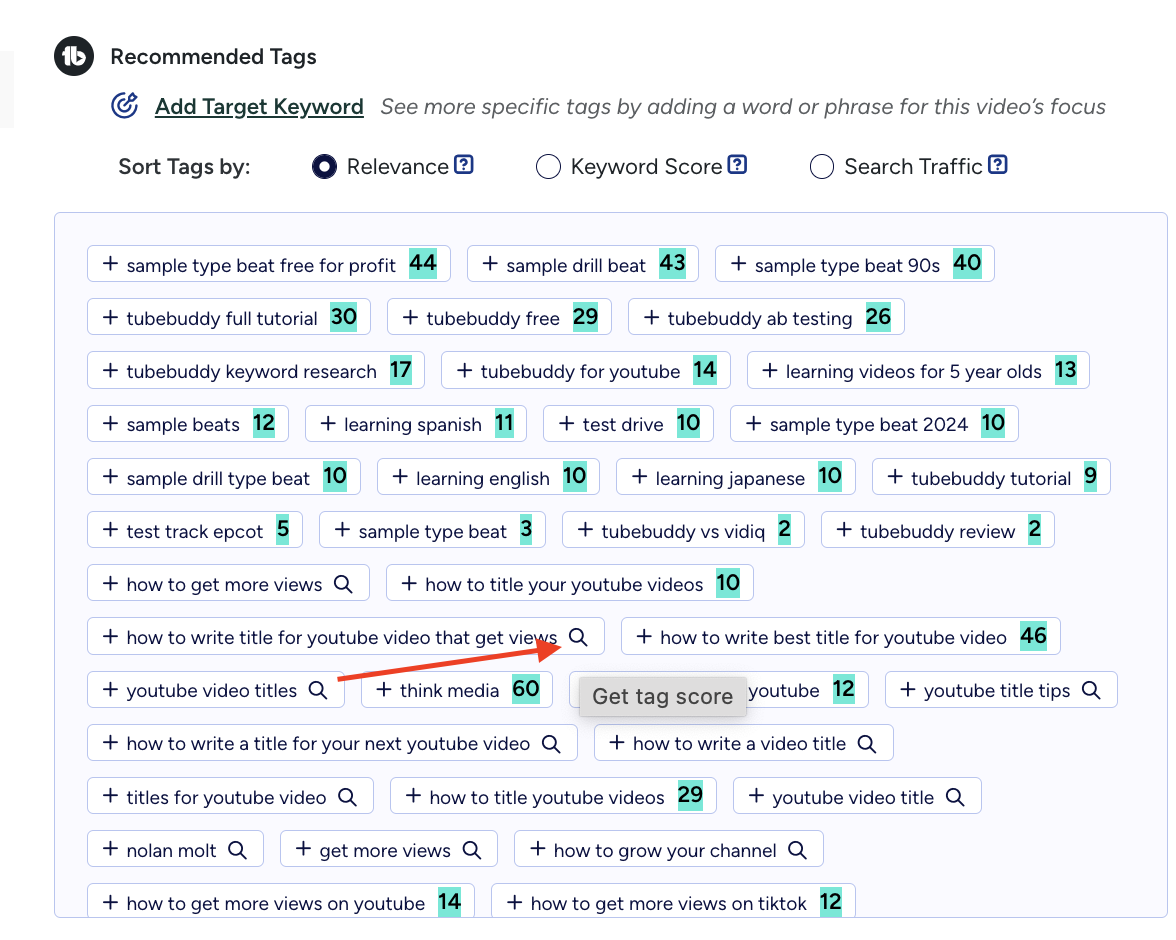 Recommended Tags - Sorting by Keyword Score – TubeBuddy